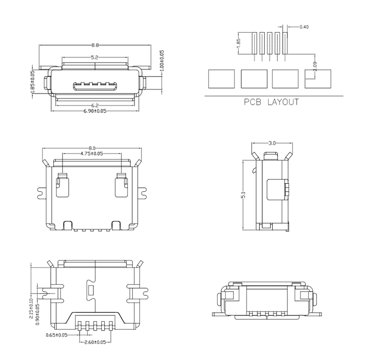 Surface Mount Micro AB Type USB 2.0 Female Socket Connector 5P Surface Mount Micro AB Type USB 2.0 Female Socket Connector 5P